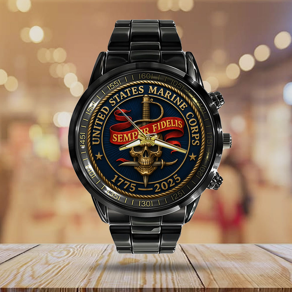 US Marine Corps 250th Anniversary Black Stainless Steel Watch ...