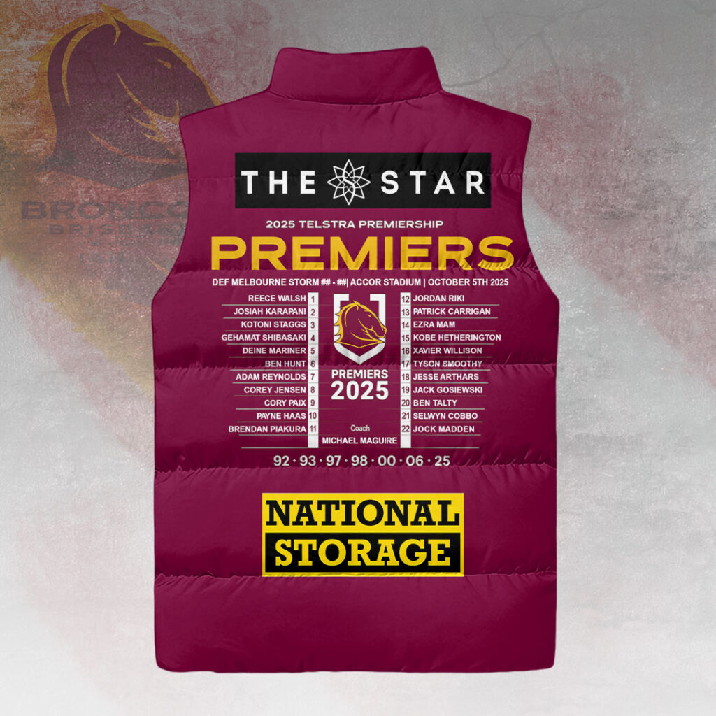 Brisbane Broncos 2025 NRL Premiers 3D Sleeveless Down Jacket ...