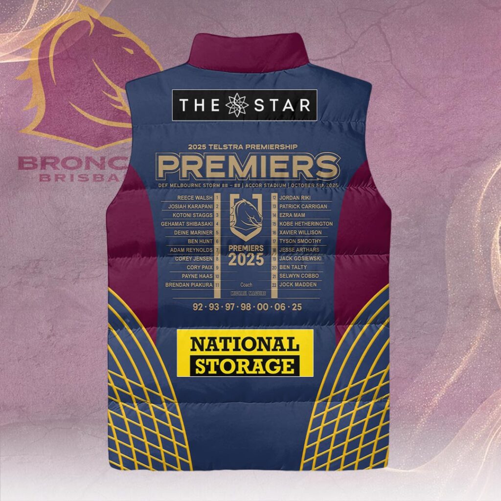 Brisbane Broncos 2025 NRL Premiers 3D Sleeveless Down Jacket ...