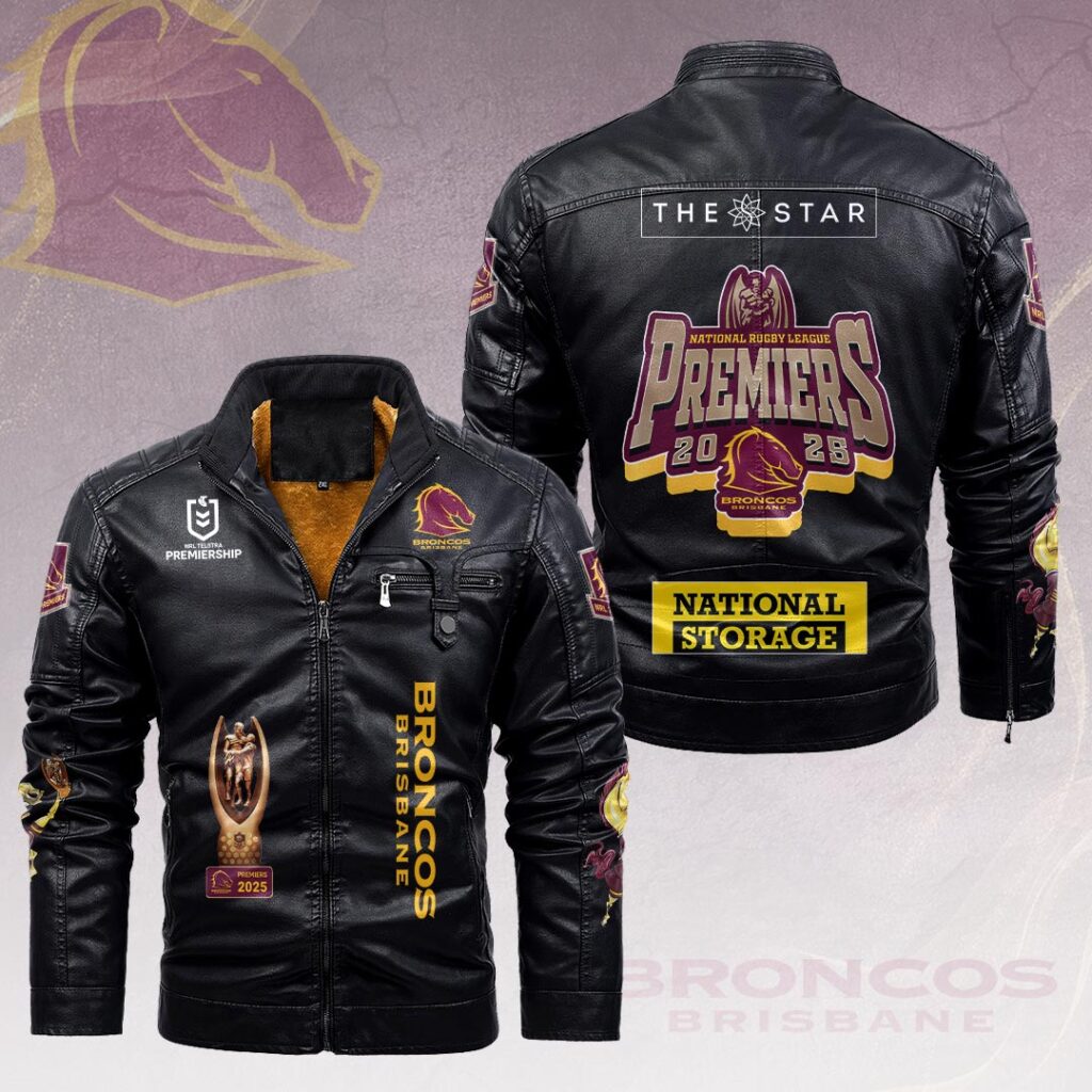 Brisbane Broncos 2025 NRL Premiers 2D Leather Yellow Fleece Jacket ...