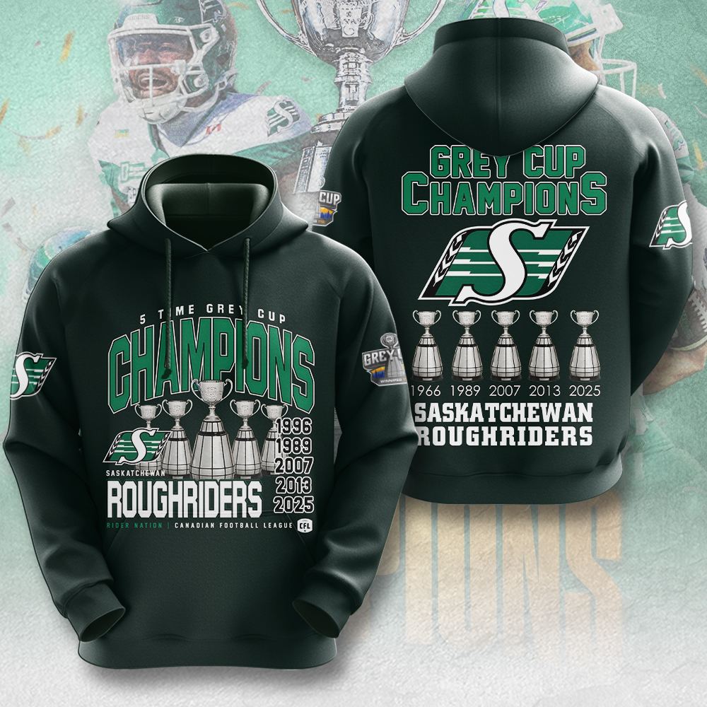 Saskatchewan Roughriders 2025 Grey Cup Champions 3D Apparel ...